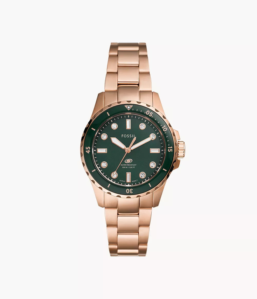 Women's Fossil Blue Dive Three-Hand Rose Gold-Tone Stainless Steel Wat ...