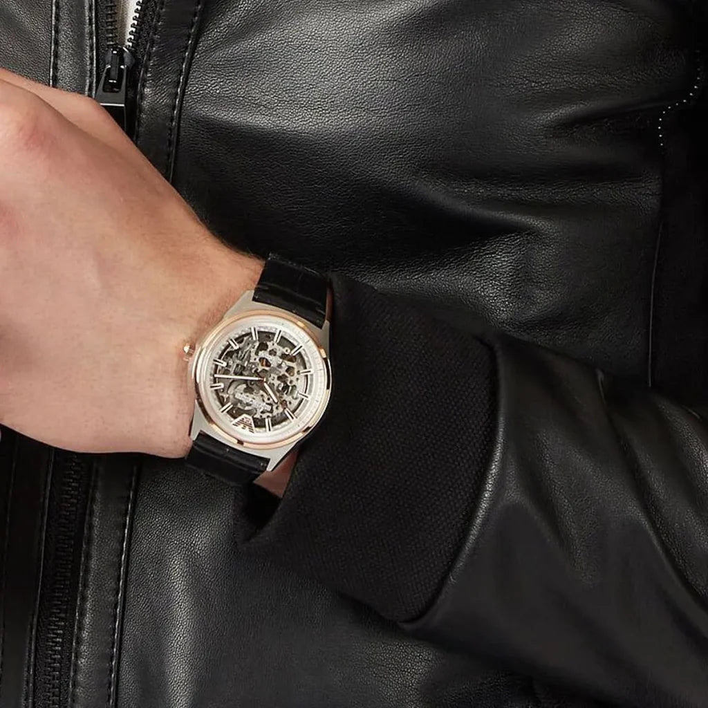 Men's Emporio Armani Zeta Skeleton Automatic Black Leather Strap Watch ...